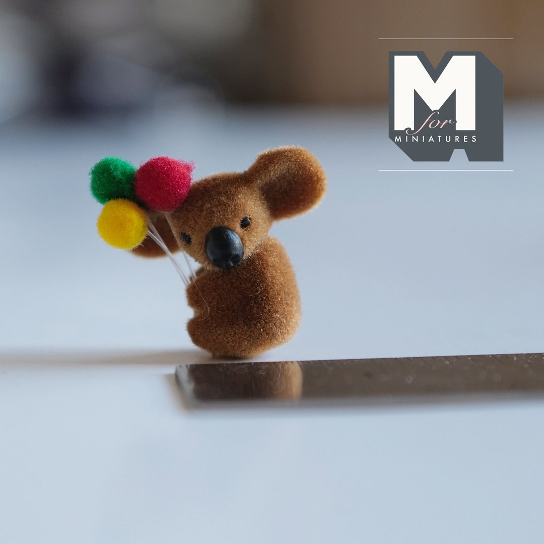 Dollhouse Miniature Koala With Balloons , Young Baby Koala and Balloons 1-1/8" Tall (flocked ...