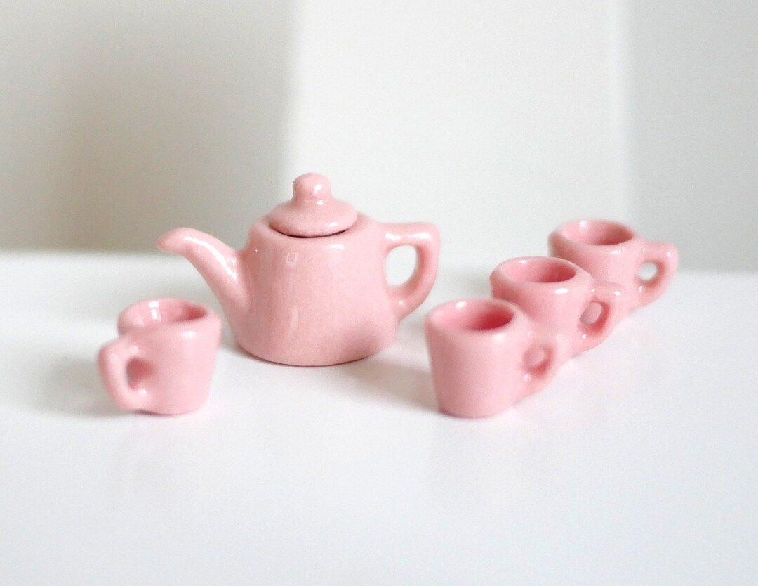 Dollhouse Miniatures Ceramic Pink Teapot Tea 5 Piece Set Doll House ...