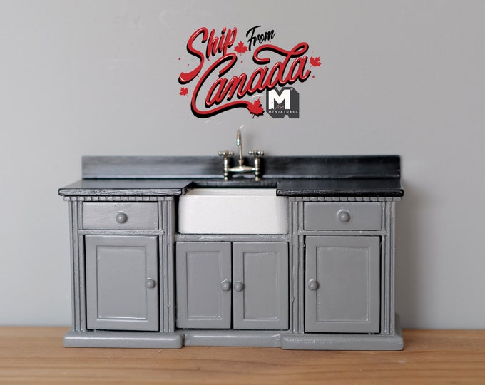 1:12 Miniature Wooden Kitchen Counter With Sink 2 Drawers and 2 Swing ...