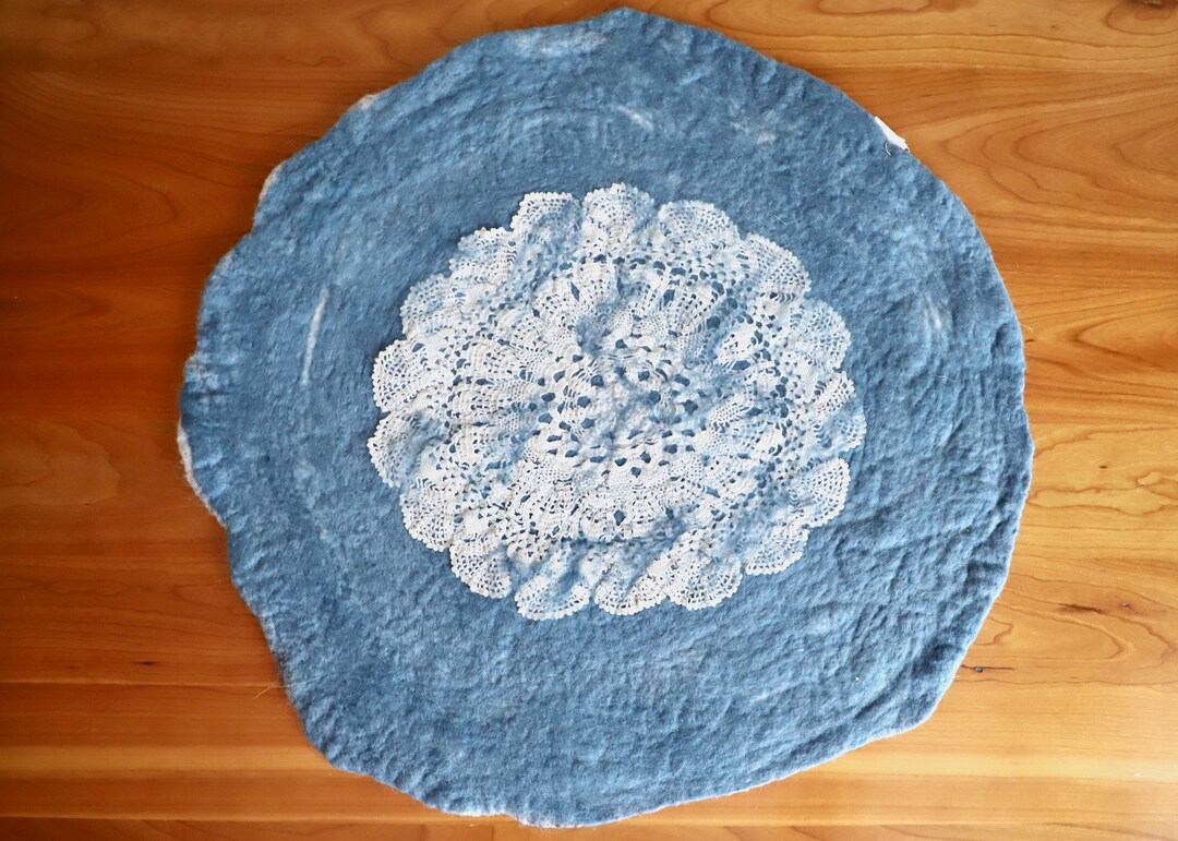 Blue Felted Upcycled Doily Round Table Runner, 20" Blue Doily Table Mat ...