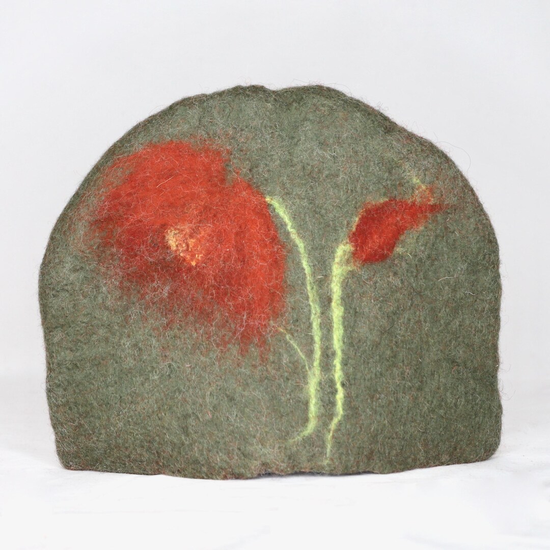 Poppy Tea Cozy, Felted Wool Moss Green Poppy Flower Tea Cosy, Floral ...