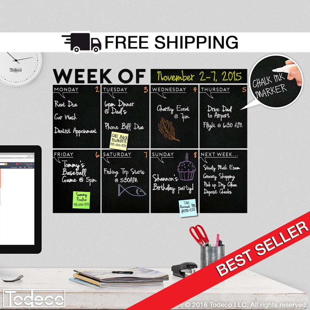 Modern Chalkboard Weekly Wall Calendar Decal - Etsy