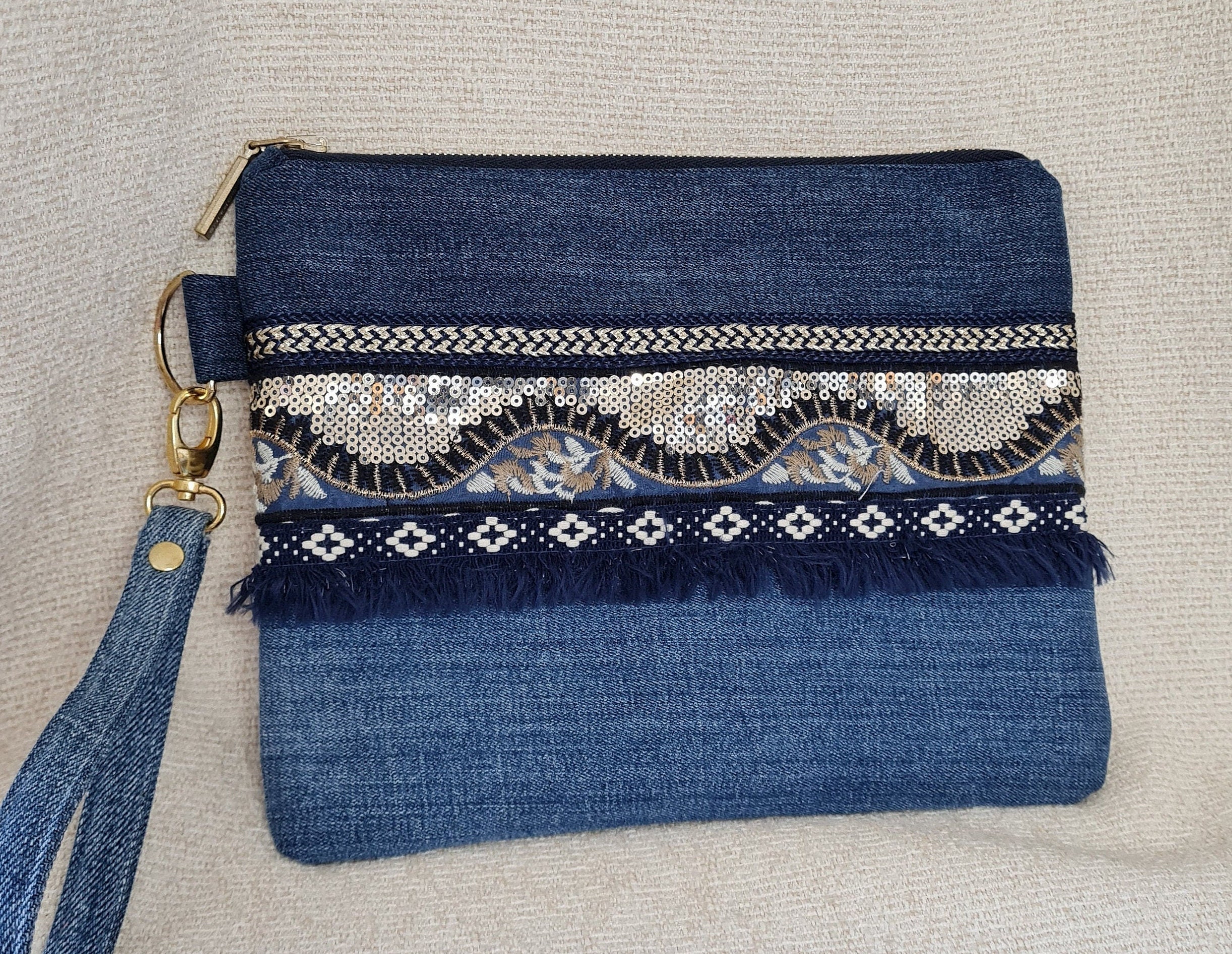 Jeans Clutch Boho Style: Blue Golden Wristle Denim Small Bag, With ...