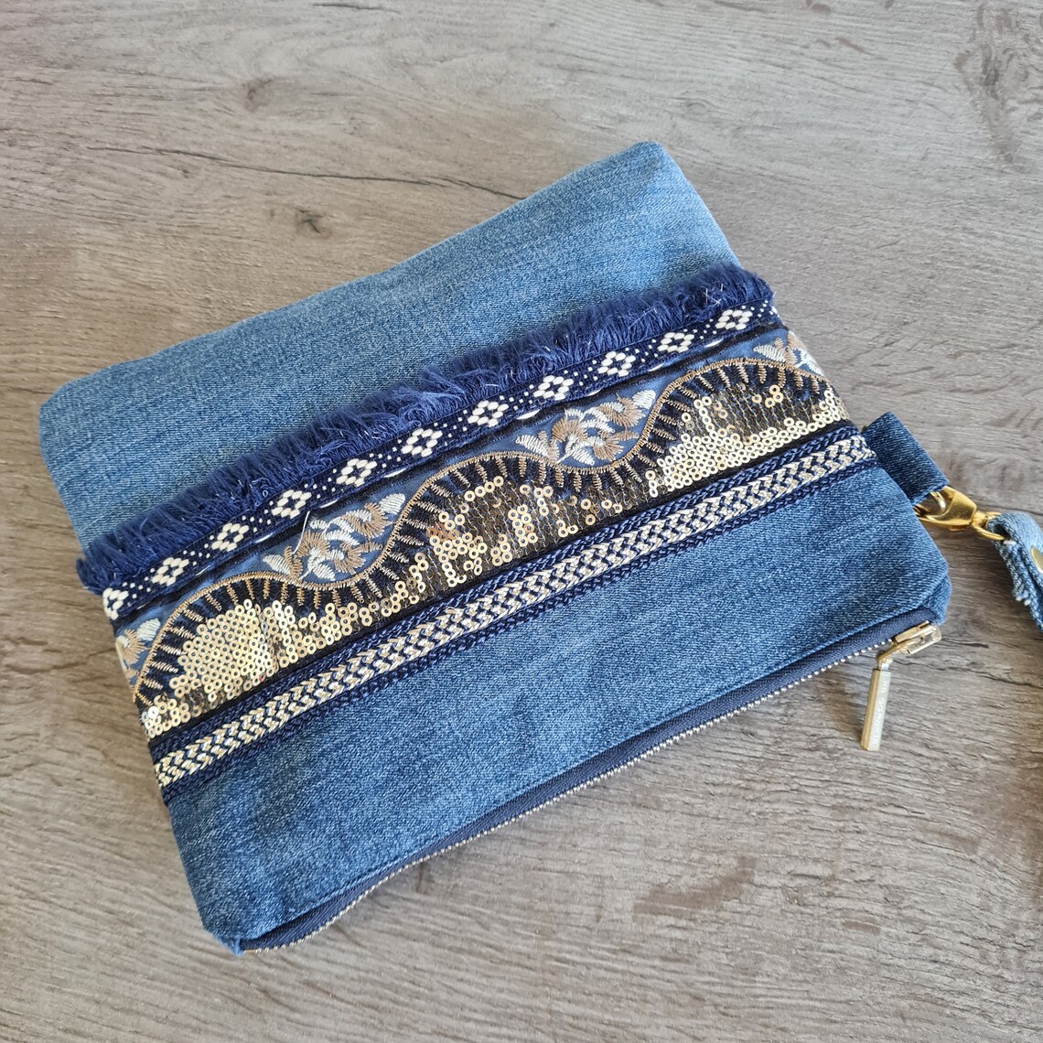 Jeans Clutch Boho Style: Blue Golden Wristle Denim Small Bag, With ...