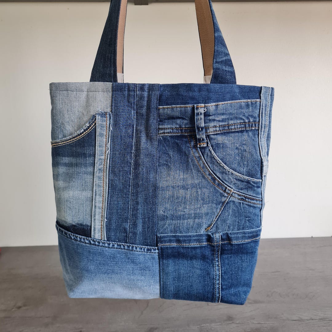 Denim Tote Bag in Distress Patchwork Style With Pockets, Shopping ...