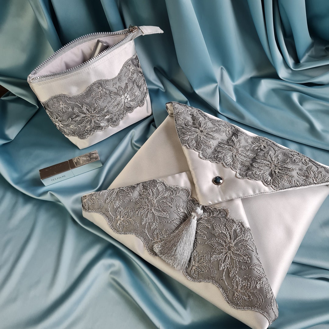 Boudoir Set Jewellery Envelope & Makeup Bag: Silver Satin With Lace ...