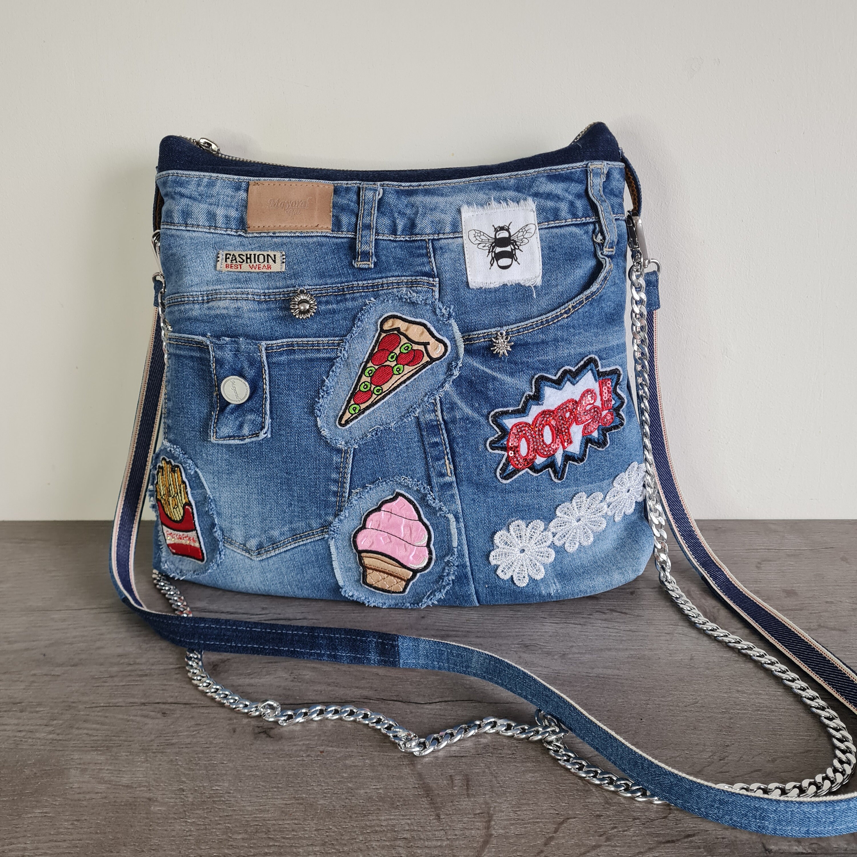 Denim Bag Medium Size for Girl, Shoulder Denim Bag With Appliqués Decor ...