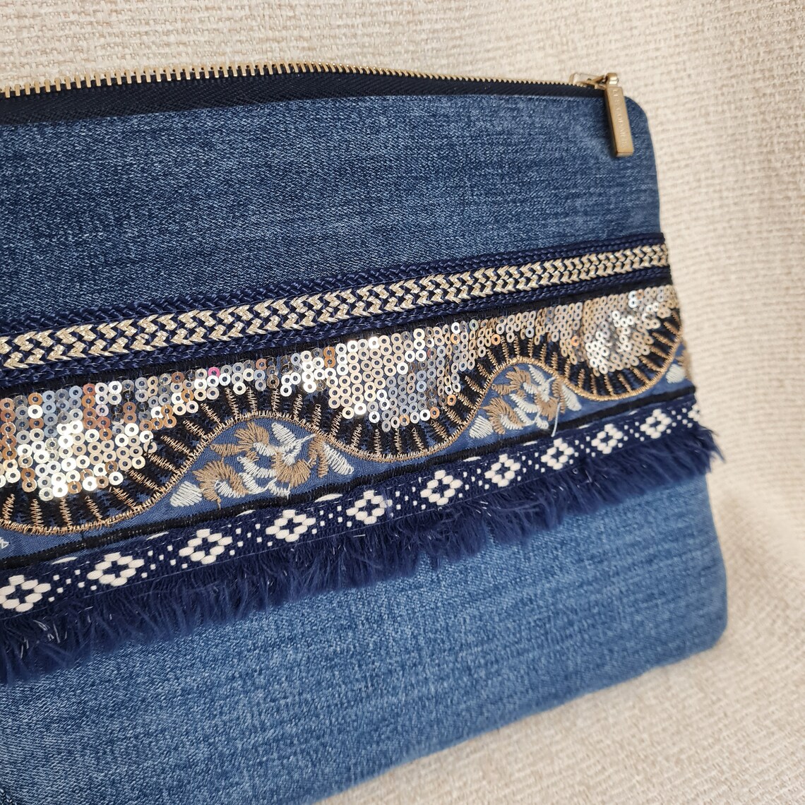 Jeans Clutch Boho Style: Blue Golden Wristle Denim Small Bag, With ...