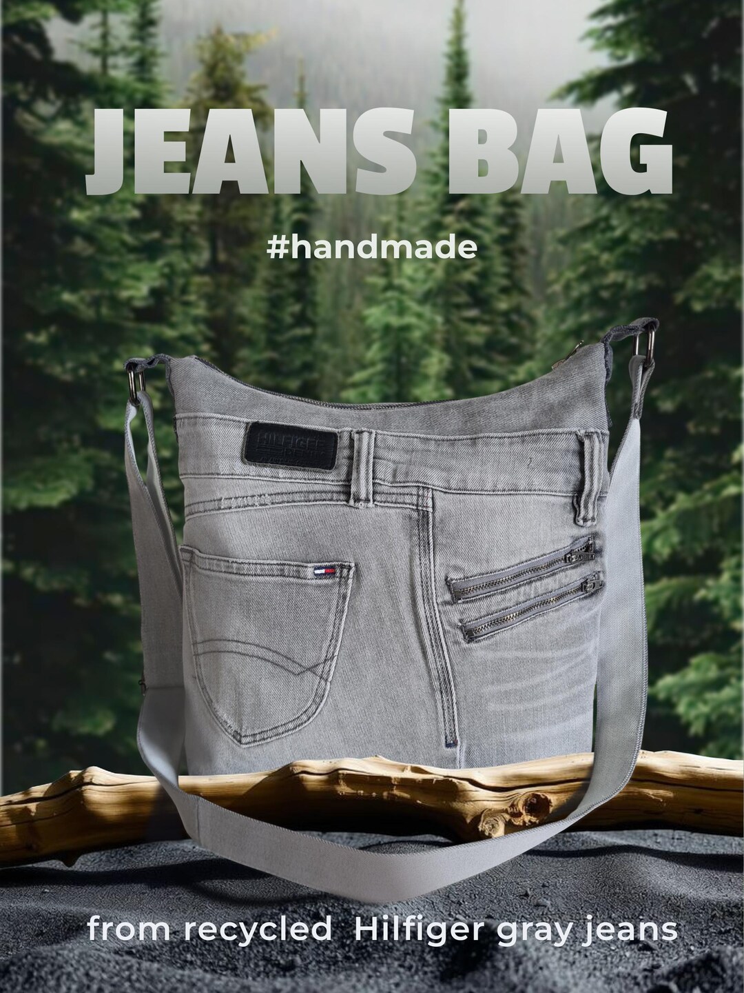 Large Jeans Bag Hilfiger Grey Denim, Hobo Crossbody Gray Jeans Bag ...