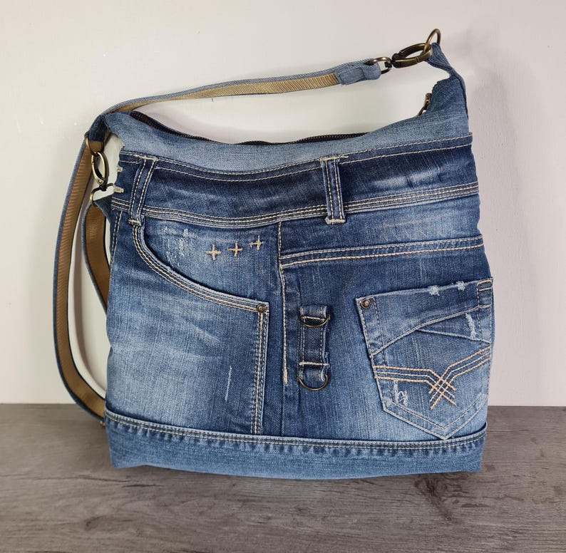 Jeans Bag Many Pockets, Hobo Jeans Bag Medium Size, Denim Crossbody Bag ...
