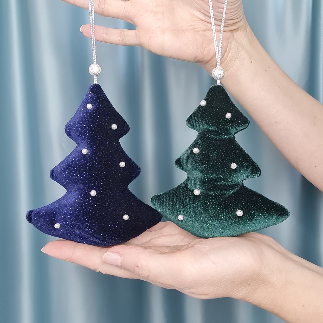 Velvet Christmas Trees: Blue & Green, With Pearls, Xmas Ornament ...