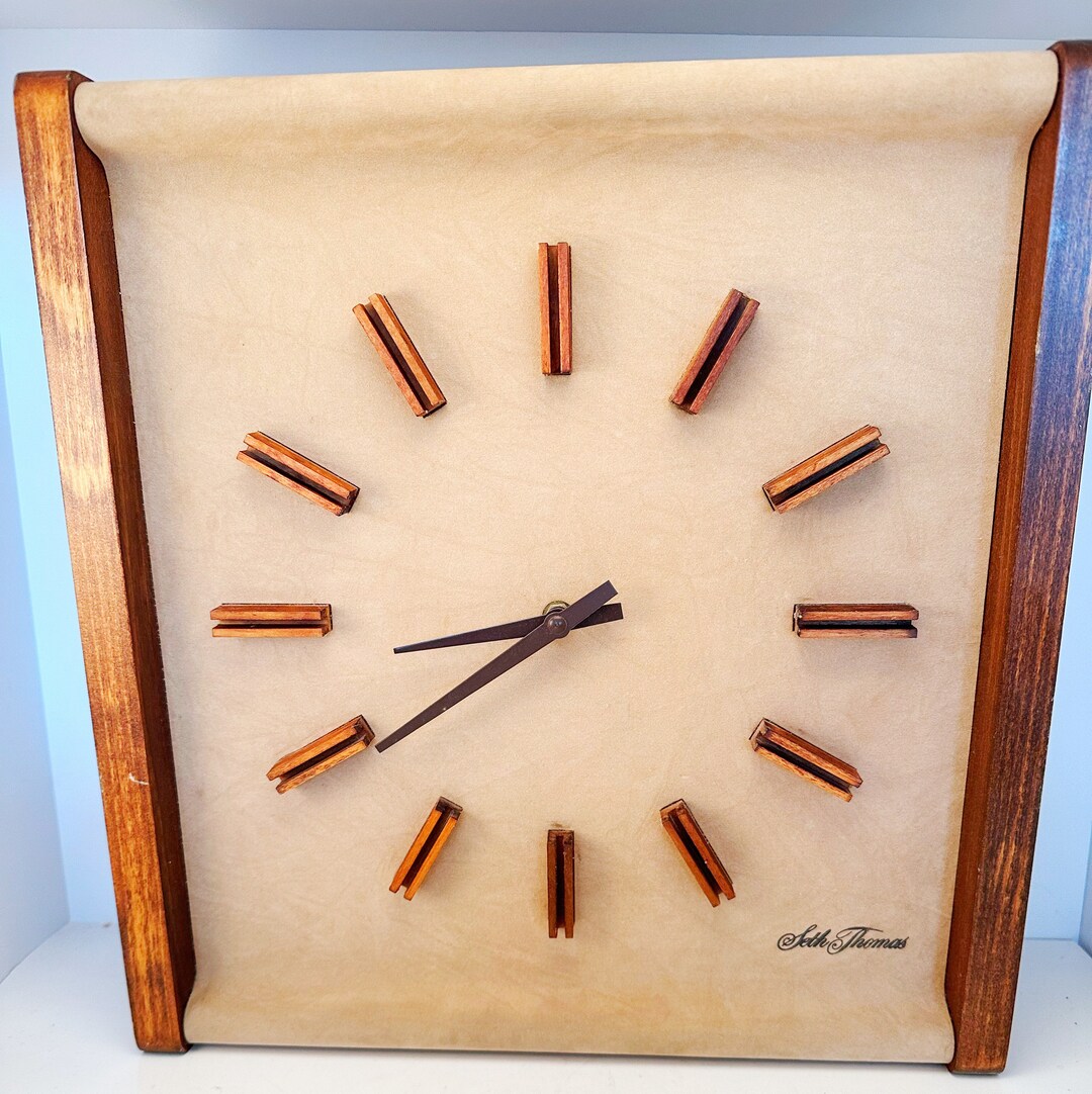 Vintage 1960s Teak and Suede Mid Century Modern Seth Thomas Wall Clock ...