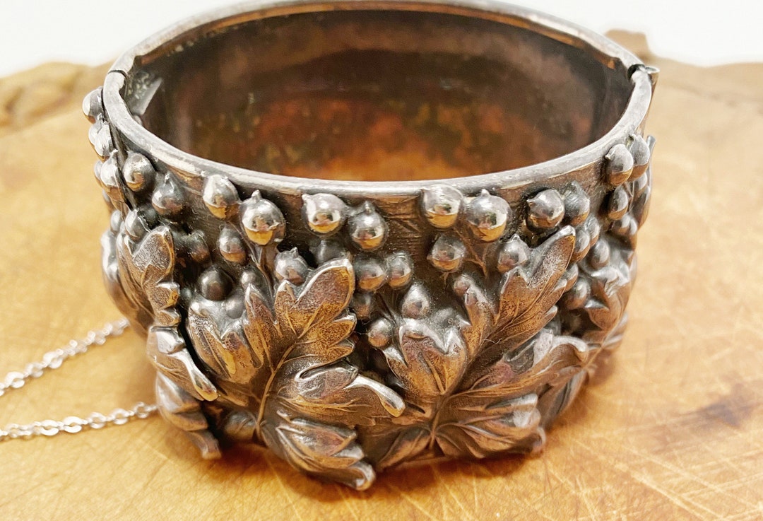 Vintage Silver Hinged Cuff Bracelet With Grapes and Leaves on One Side ...