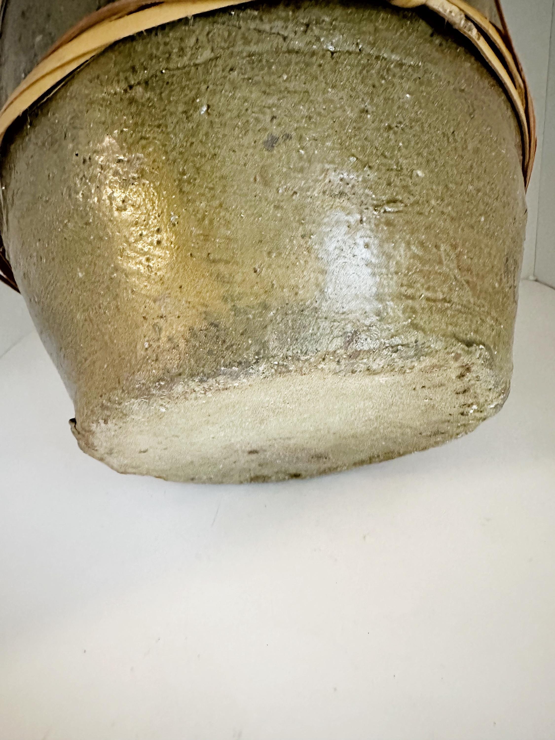 Vintage Large Handmade Earthenware Pottery Rice Wine Jug With Bamboo ...