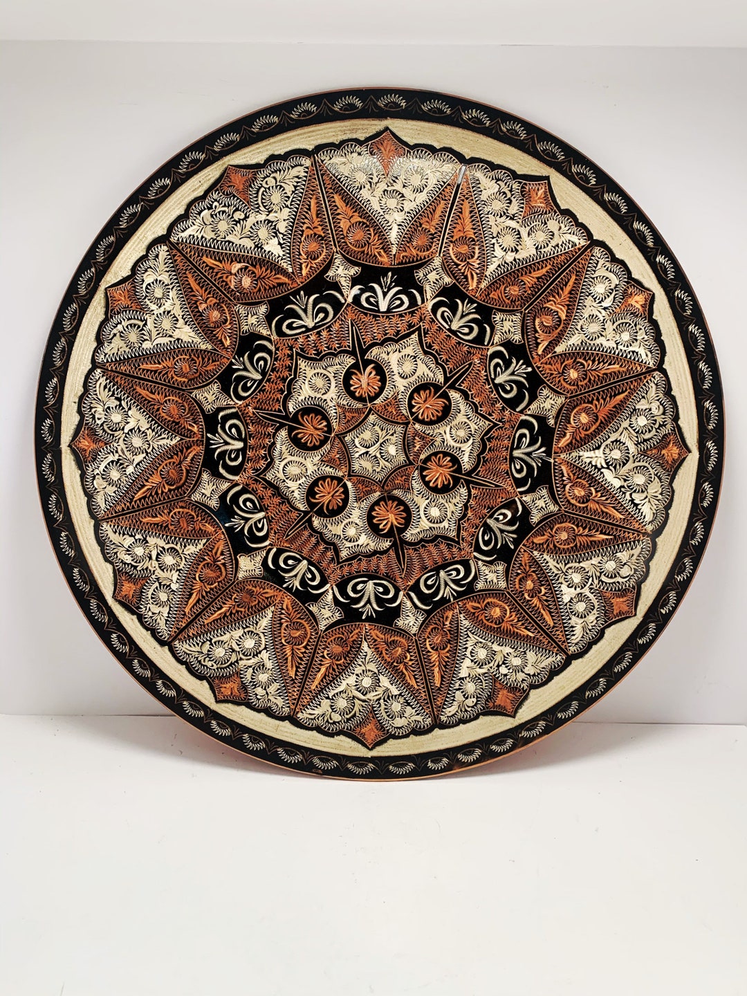 Gulistan Turkish Ornate Hand Engraved & Enamel Floral Copper Round Tray ...