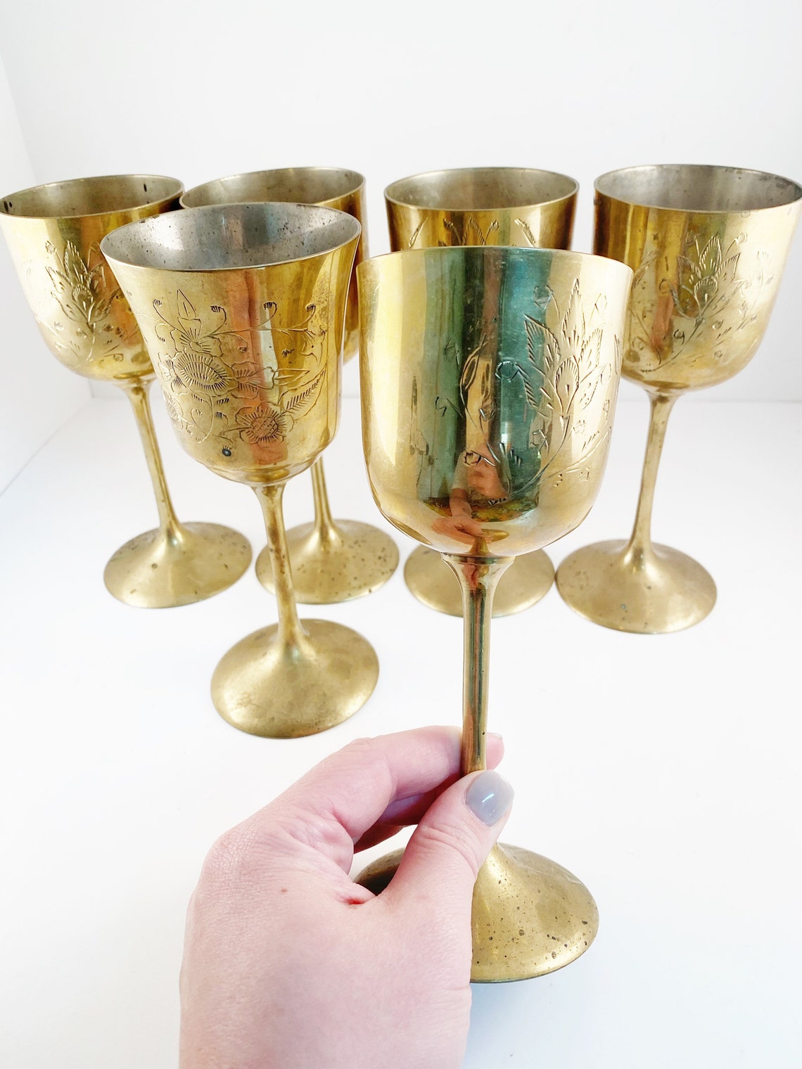 Set of Six Vintage Saudi Arabian Etched Brass Wine Glasses/ - Etsy
