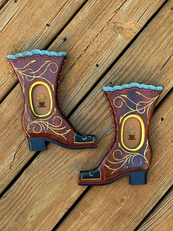 Vintage wooden Victorian boot frames with floral cross stitch - Etsy