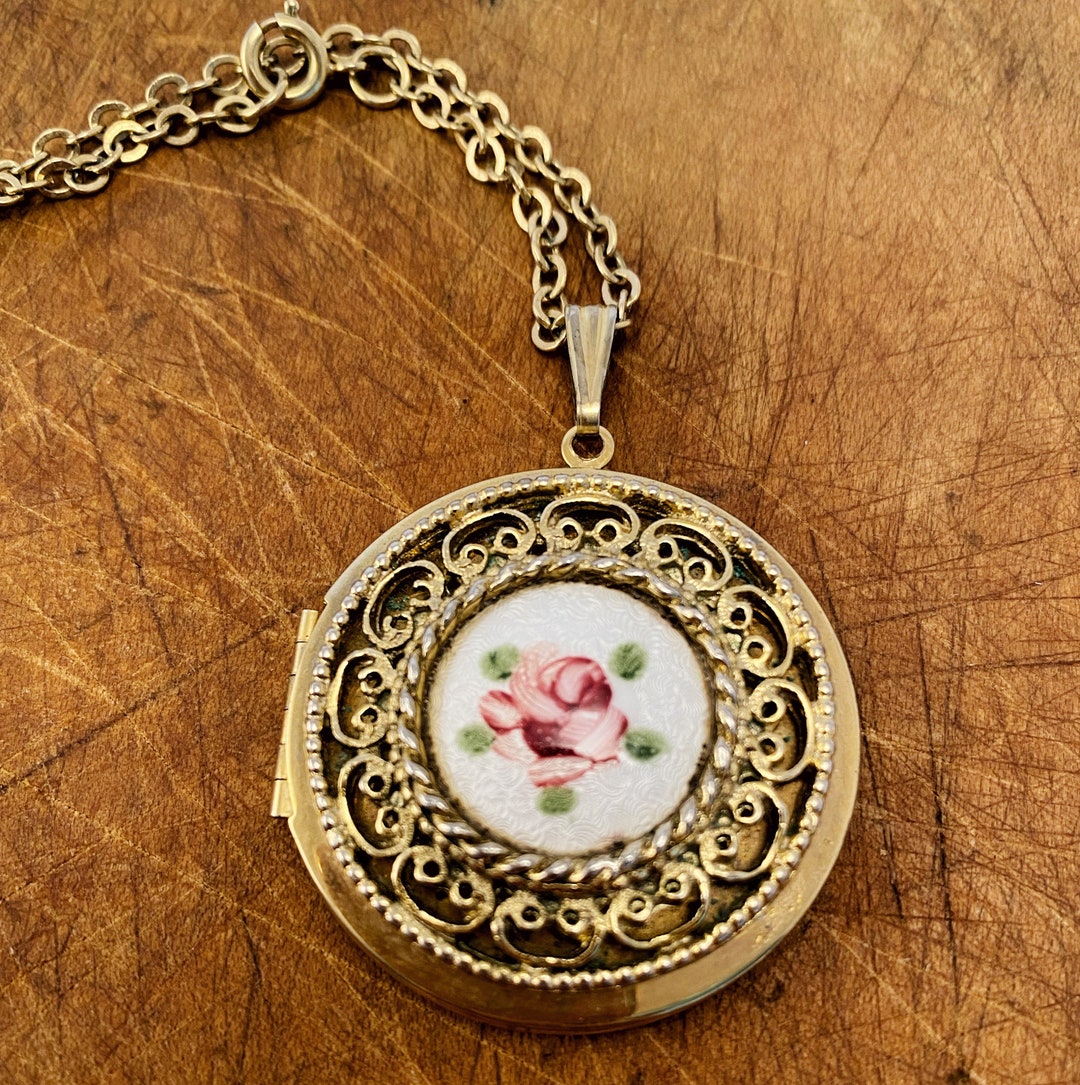 Vintage Guilloche Enamel and Filigree Gold Toned Locket and Chain - Etsy
