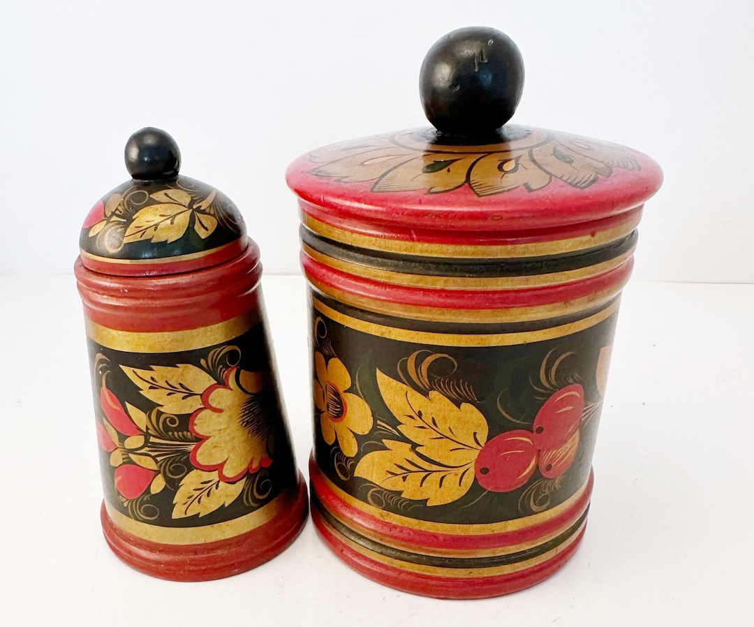 Vintage Hand Painted Khokhloma Russian Folk Art Set of Two Wood ...