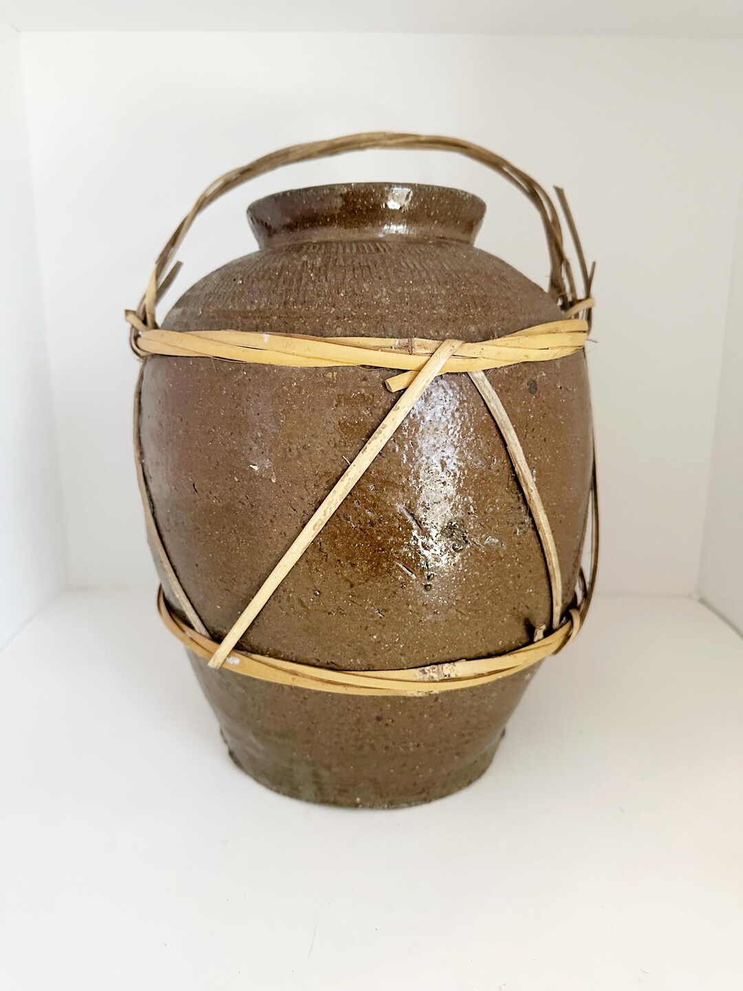 Vintage Large Handmade Earthenware Pottery Rice Wine Jug With Bamboo ...