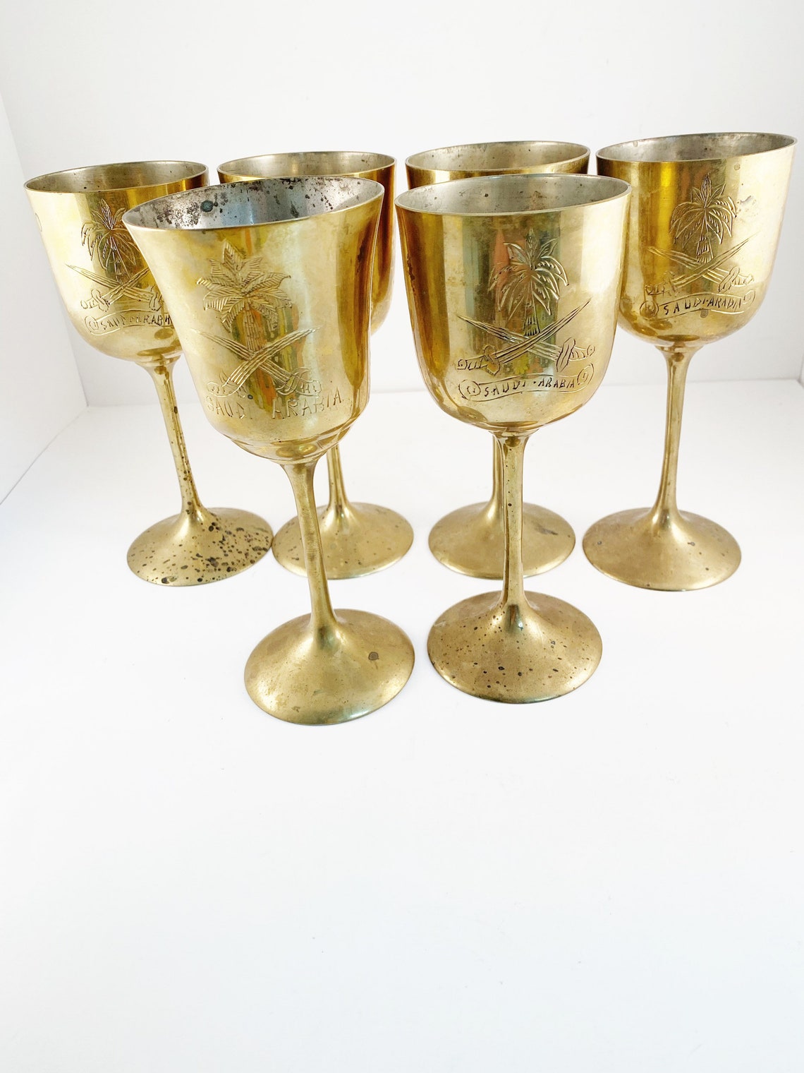Set of Six Vintage Saudi Arabian Etched Brass Wine Glasses/ - Etsy