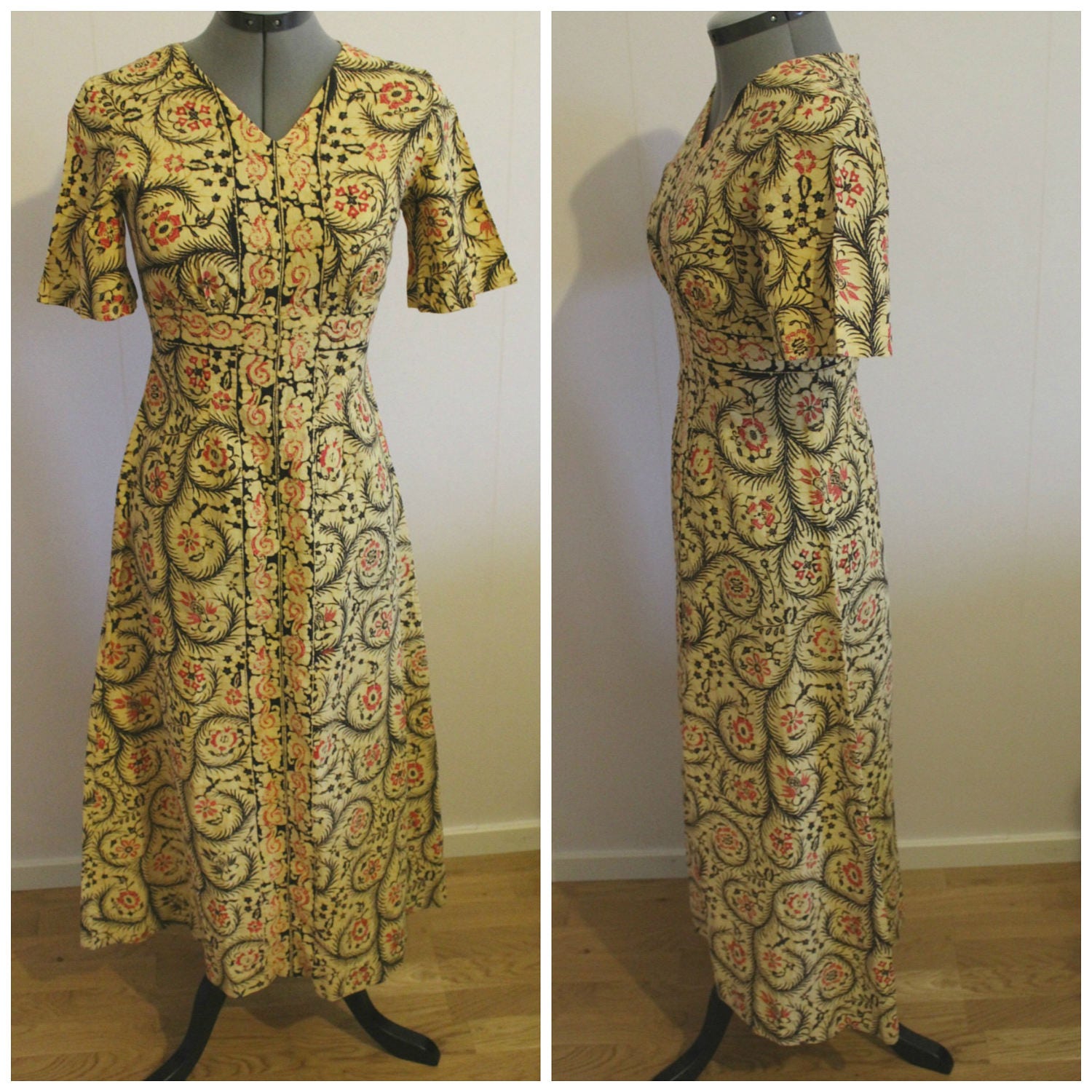 Vintage 70s Dress Women, 1970s Goes 40s, Block Print Dress, 70s ...
