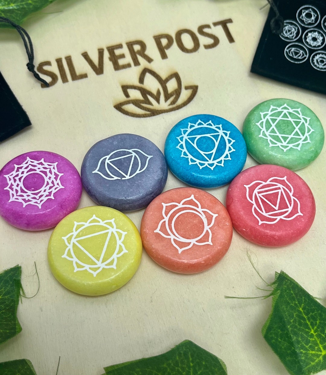 Etched Chakra Symbols Stone Medallion W/ Drawstring Bag, Chakra Amulet ...