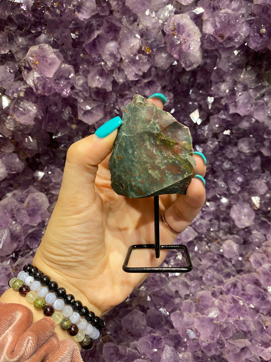 One Bloodstone Raw Stone on Metal Stand, Bloodstone Chunk on Stand ...