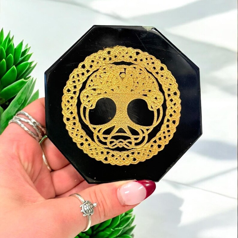 Black Agate Crystal Charging Plate 3-3.5”– Choose Tree of Life, Chakra ...