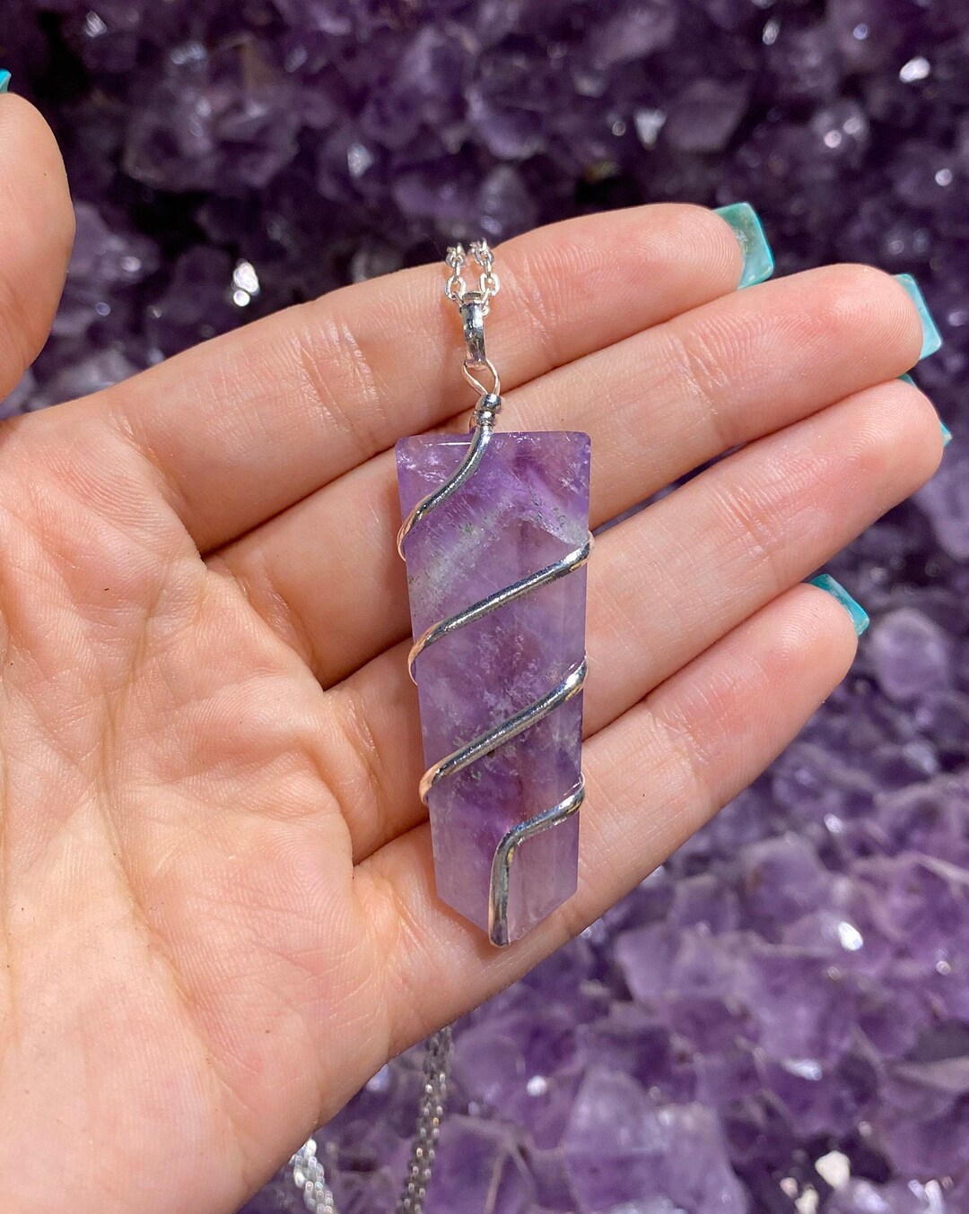 Amethyst Flat Obelisk Wire Wrap Pendant With Plated Chain, Amethyst ...