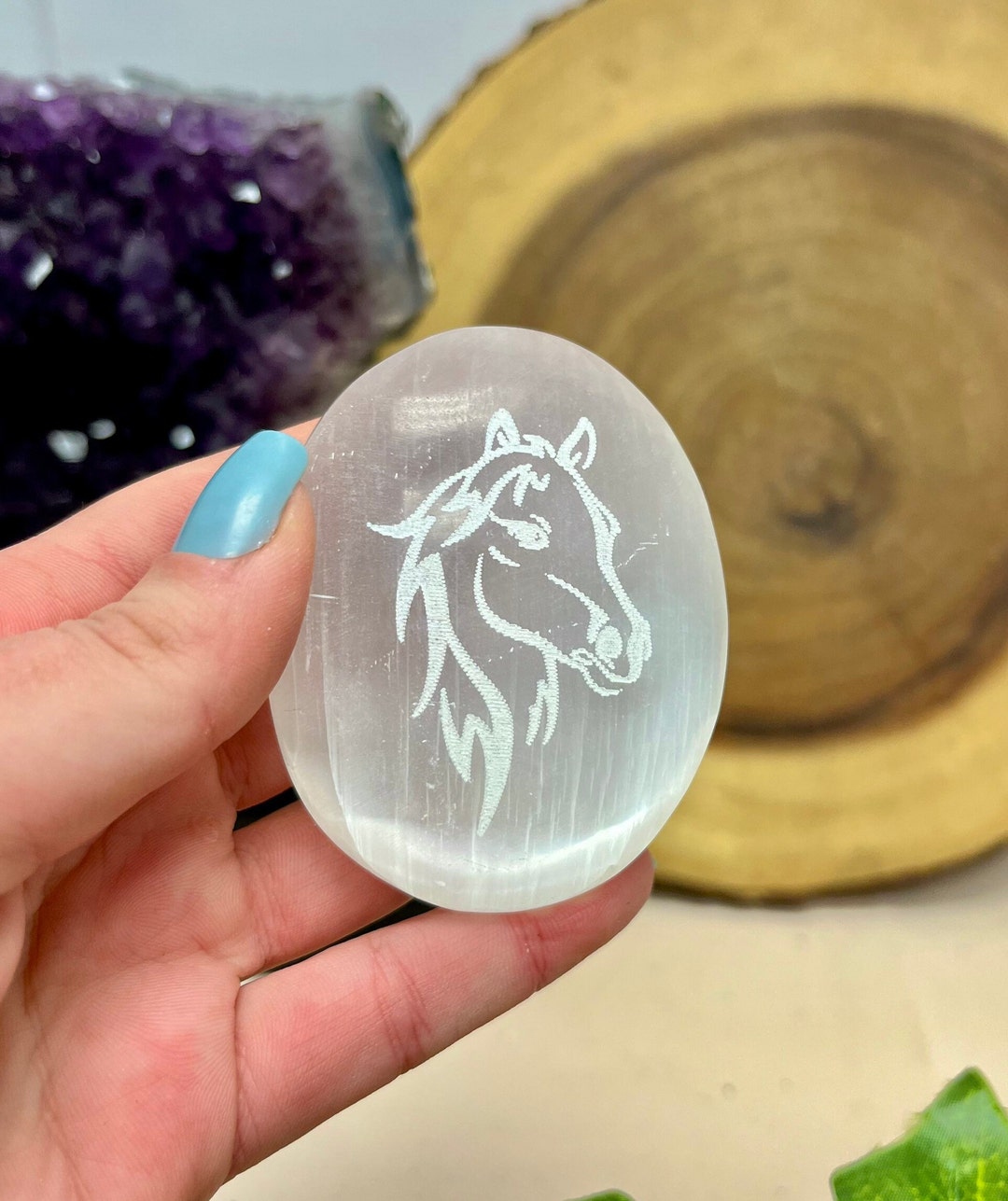 Selenite Horse Symbol Etched Palm Stone, Horse Carving, Selenite Soap ...