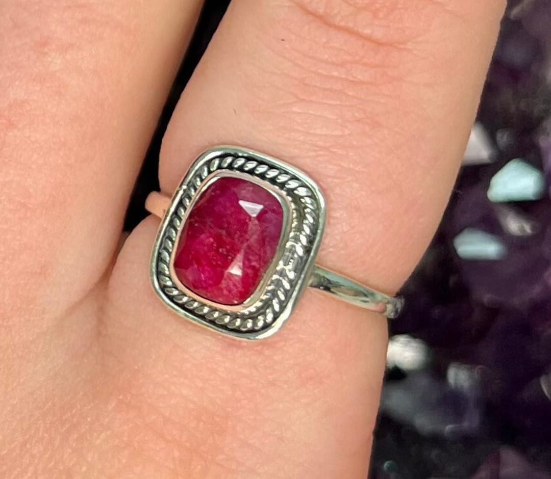 Rectangle Rope Ruby Sterling Silver Ring, Genuine Ruby, July Birthstone ...