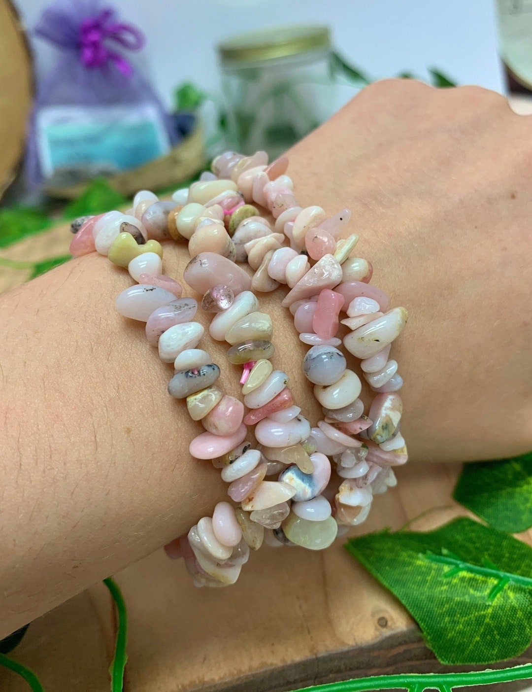 One Pink Opal Stone Chip Bracelet, Pink Opal Bracelet, Stretch Bracelet ...