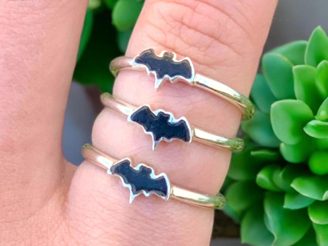 Black Tourmaline Bat Ring, Stackable Ring, Shiny Bat Ring, Bat Shape ...