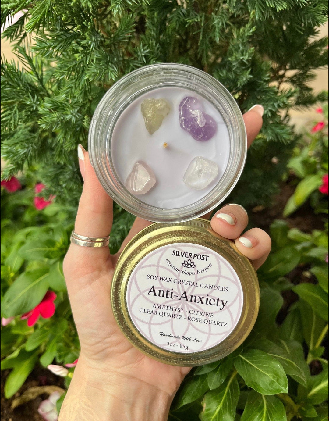 Hand Made 3oz Lavender Crystal Candle for Anxiety Relief, Soy Wax ...