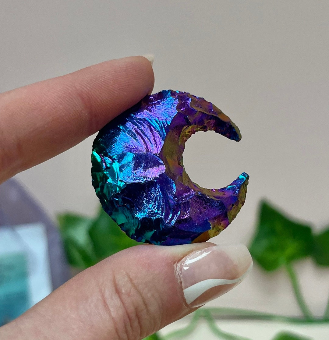 Titanium Aura Quartz Crystal Moon, Crescent Moon Pocket Stone, Aura ...