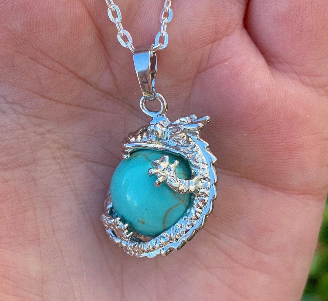 Blue Howlite Dragon Wrap Necklace, Turkenite, Dragon Pendant, Dyed ...