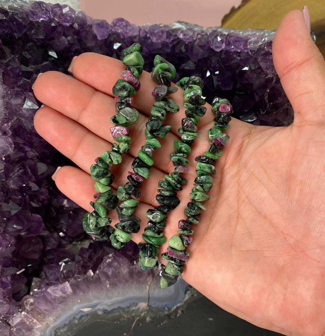 Ruby Zoisite Chip Bracelet, Ruby Zoisite Stretch Bracelet, Green Pink Bracelet, Stone Bracelet ...