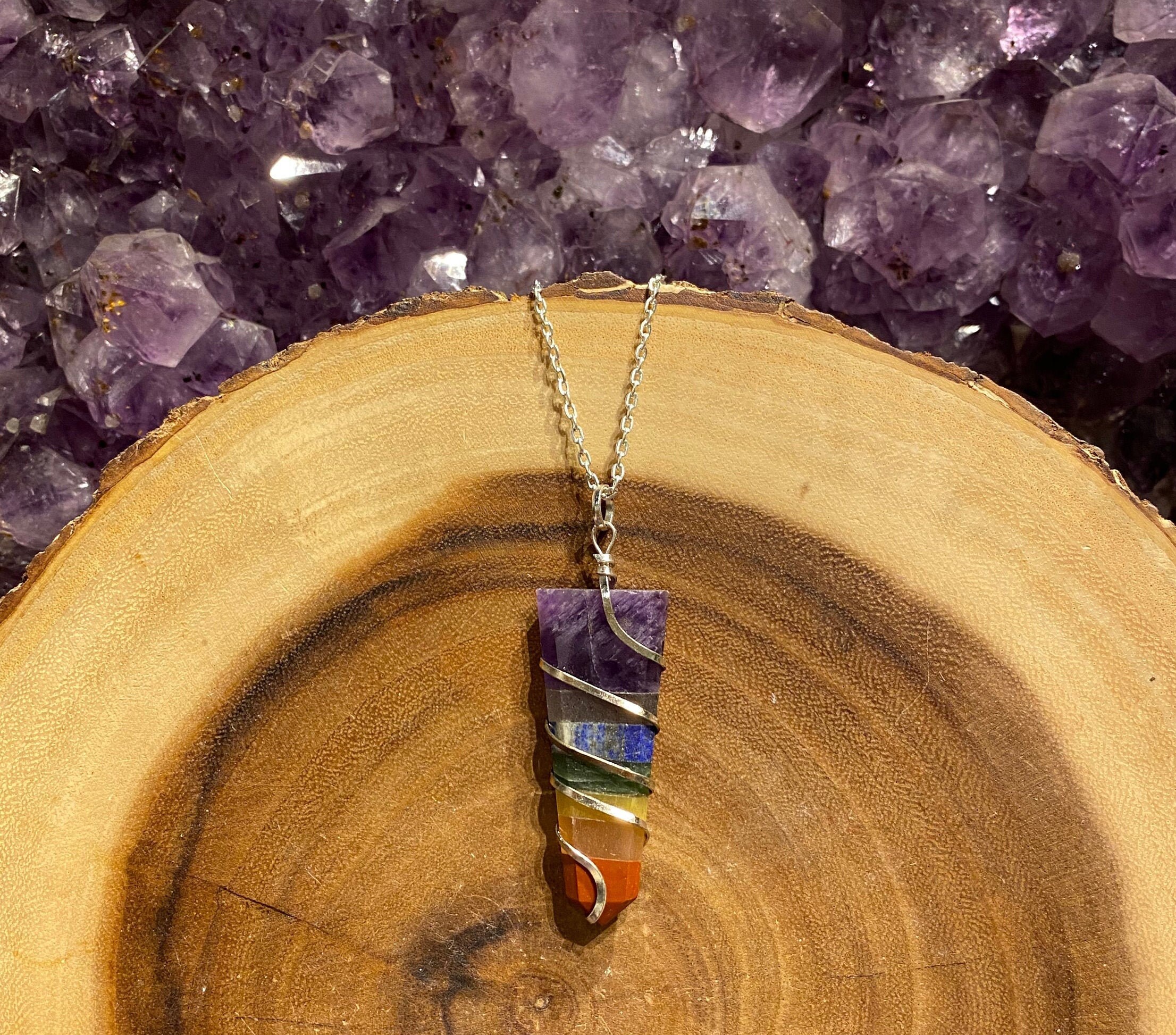Chakra Flat Obelisk Wire Wrap Pendant W/ Rhodium Chain Chakra - Etsy