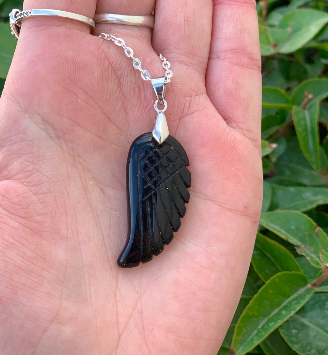 One Obsidian Angel Wing Pendant, Obsidian Angel Wing Carving, Obsidian ...