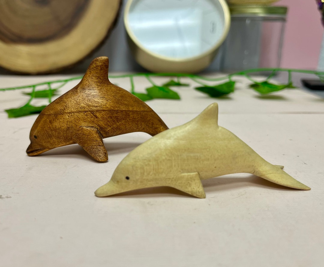 One Teak Wood Dolphin Carving (2 Colors Available), Hand Carved Wood ...