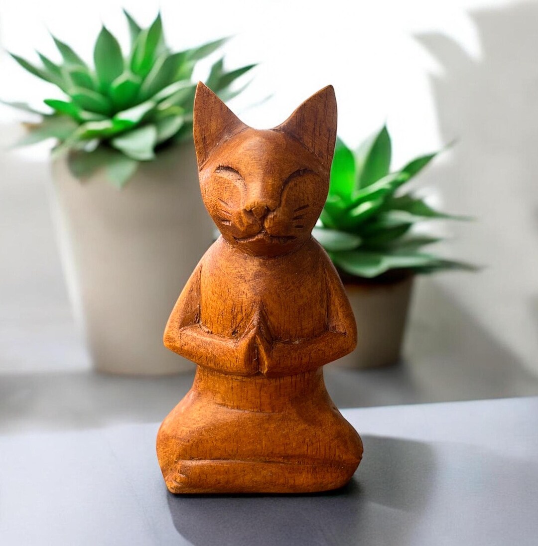 Teak Wood Yoga Cat Statue, Hand-carved Meditation Cat Figurine, Mindful ...
