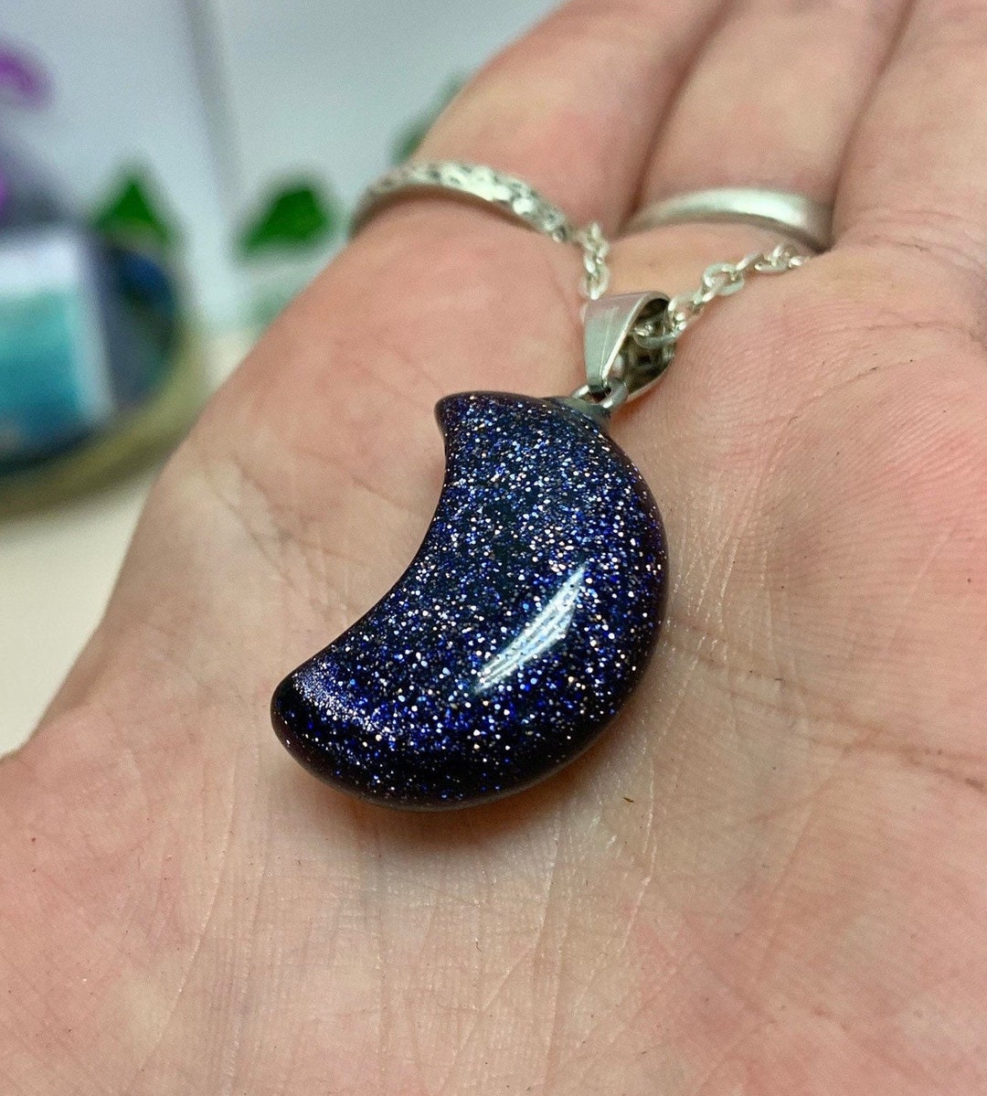 Midnight Goldstone Puffy Moon Shape Pendant, Moon Carved Pendant, Crown ...