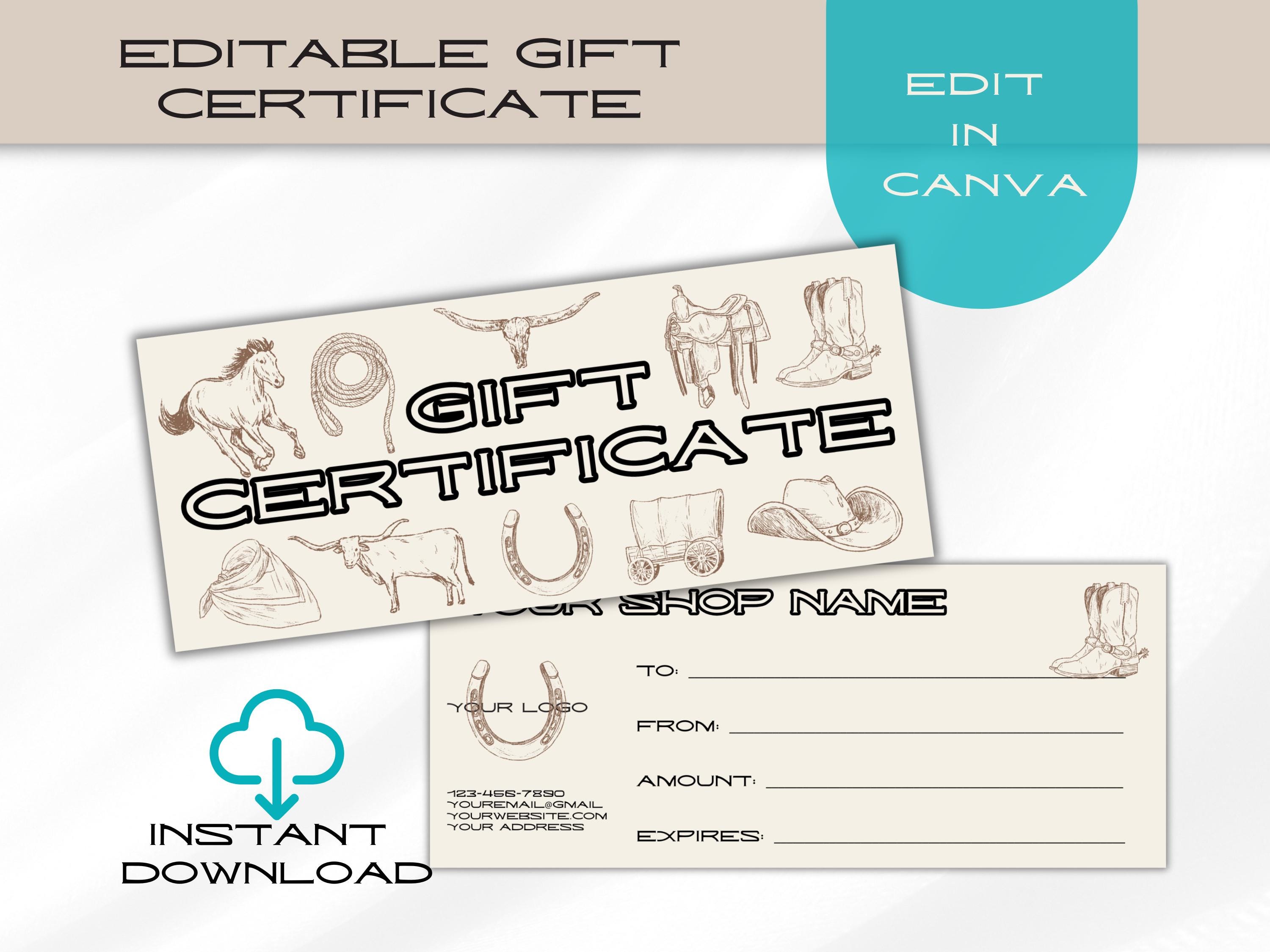Western Gift Certificate Template | Rustic Printable Voucher for Small ...