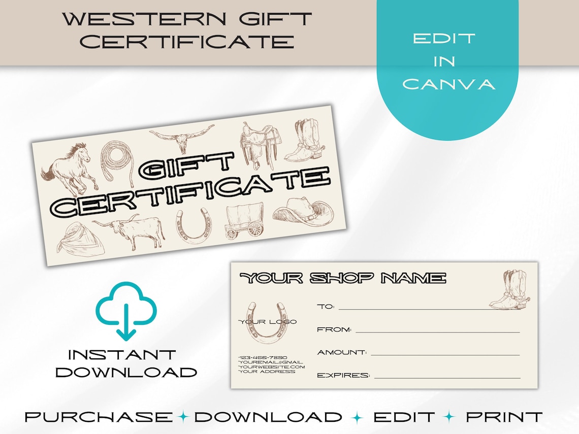 Western Gift Certificate Template | Rustic Printable Voucher for Small ...