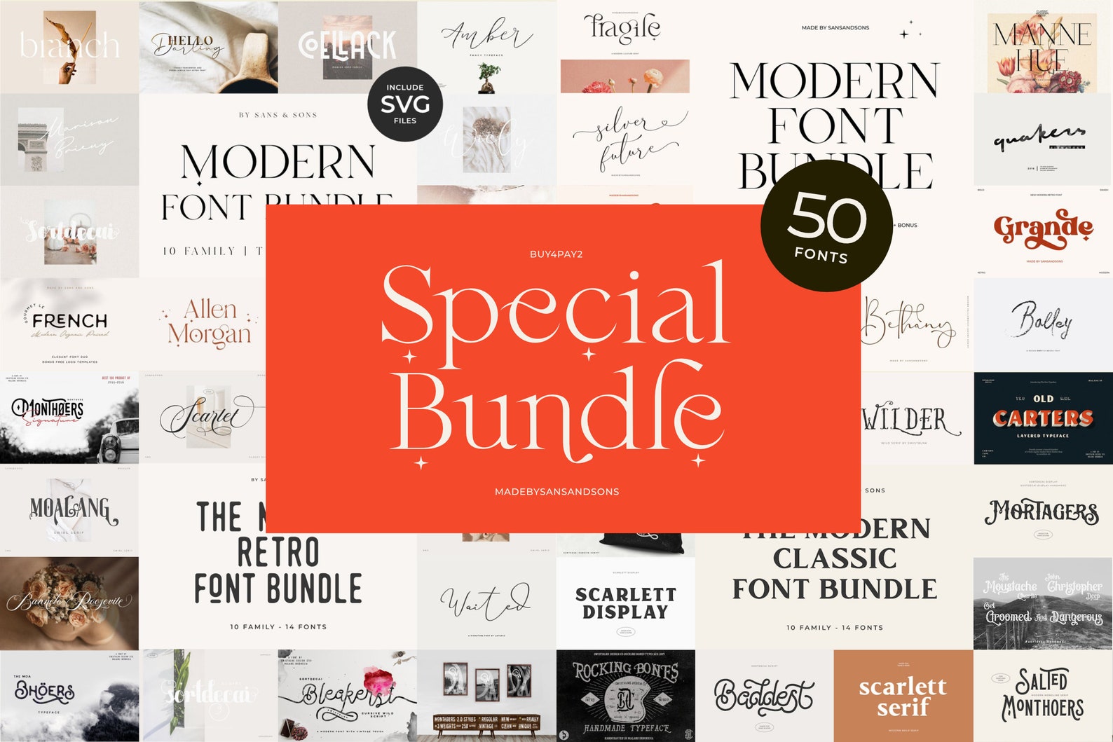 50 Font Bundle: Retro, Boho, Logo Fonts - Etsy