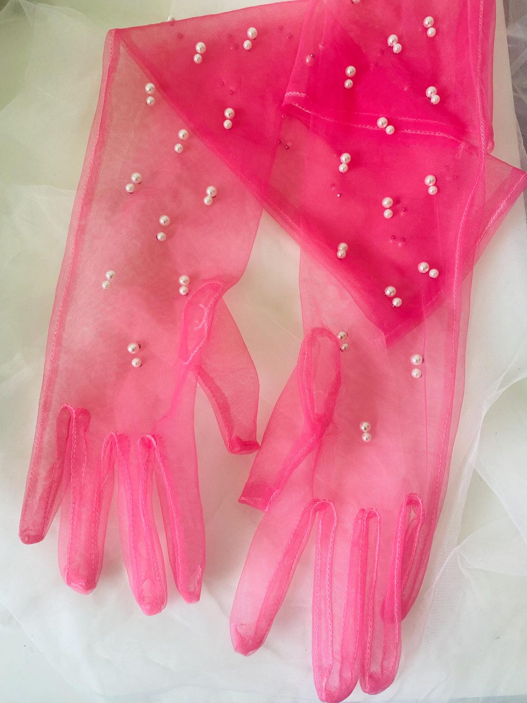 Hot Pink Pearl Long Tulle Gloves Bachelorette Accessories Gloves Pink ...