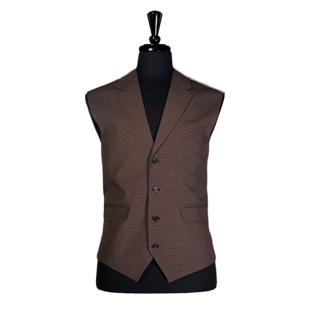Mens Vest, Brown Check Plaid Wool Blend, Formal Suit Lapel Waistcoat ...
