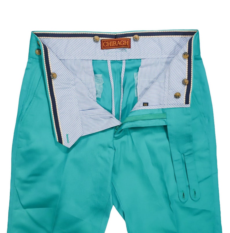 Mens Gurkha Pants, Turquoise Cotton, Slim Straight High Waist, Flat ...