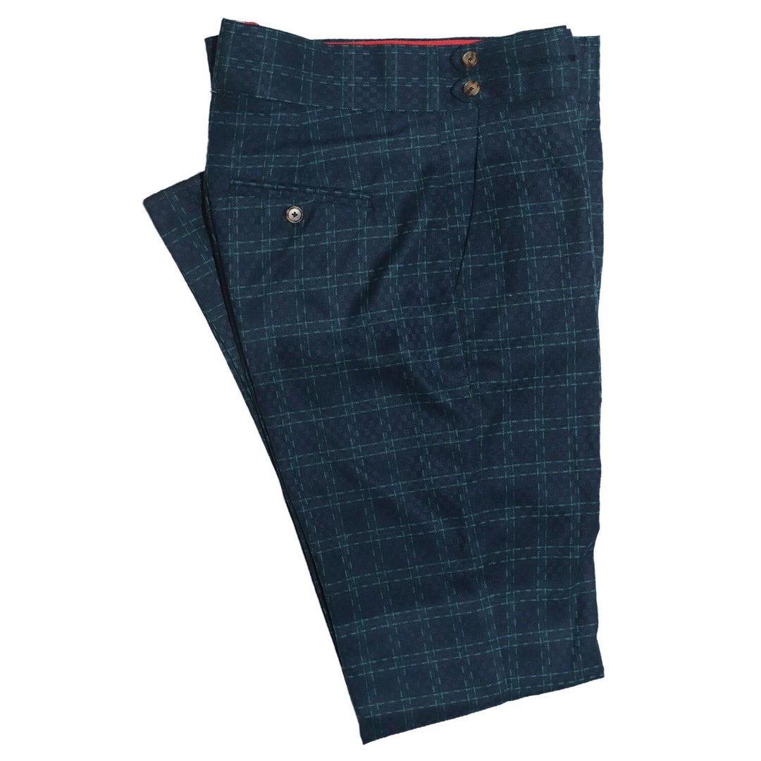 Mens Gurkha Pants, Blue Green Check Geometric Wool, Slim Straight High ...